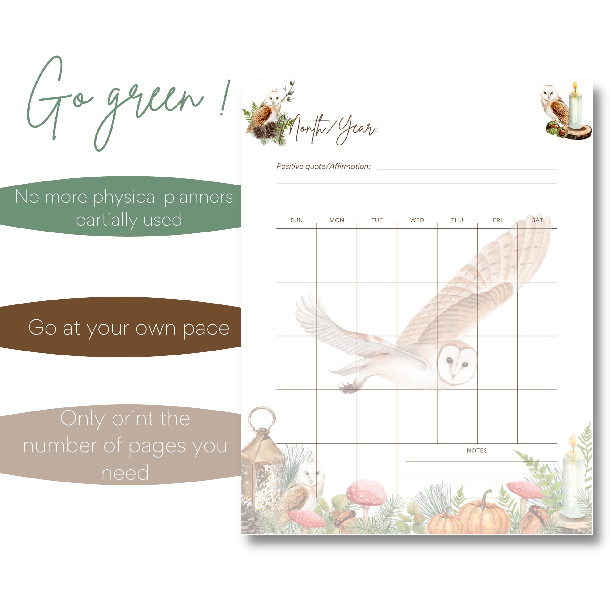 Monthly Printable Undated Planner Template Page Illustrated With Owls ...