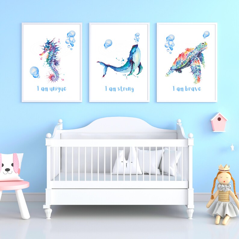 Watercolour Sea Animals Nursery Wall Art, Set of 3, Ocean Animals, Sea ...
