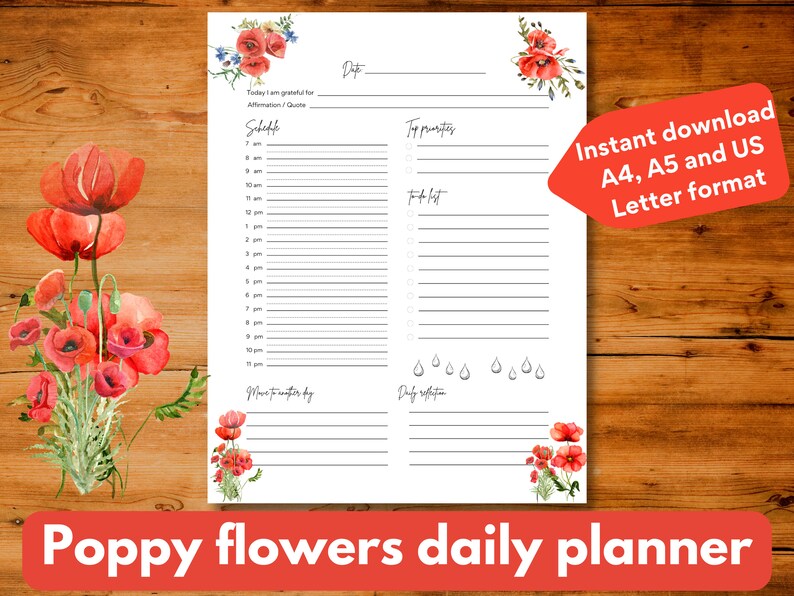 Daily Printable Undated Planner Template Page Illustrated With Poppy ...