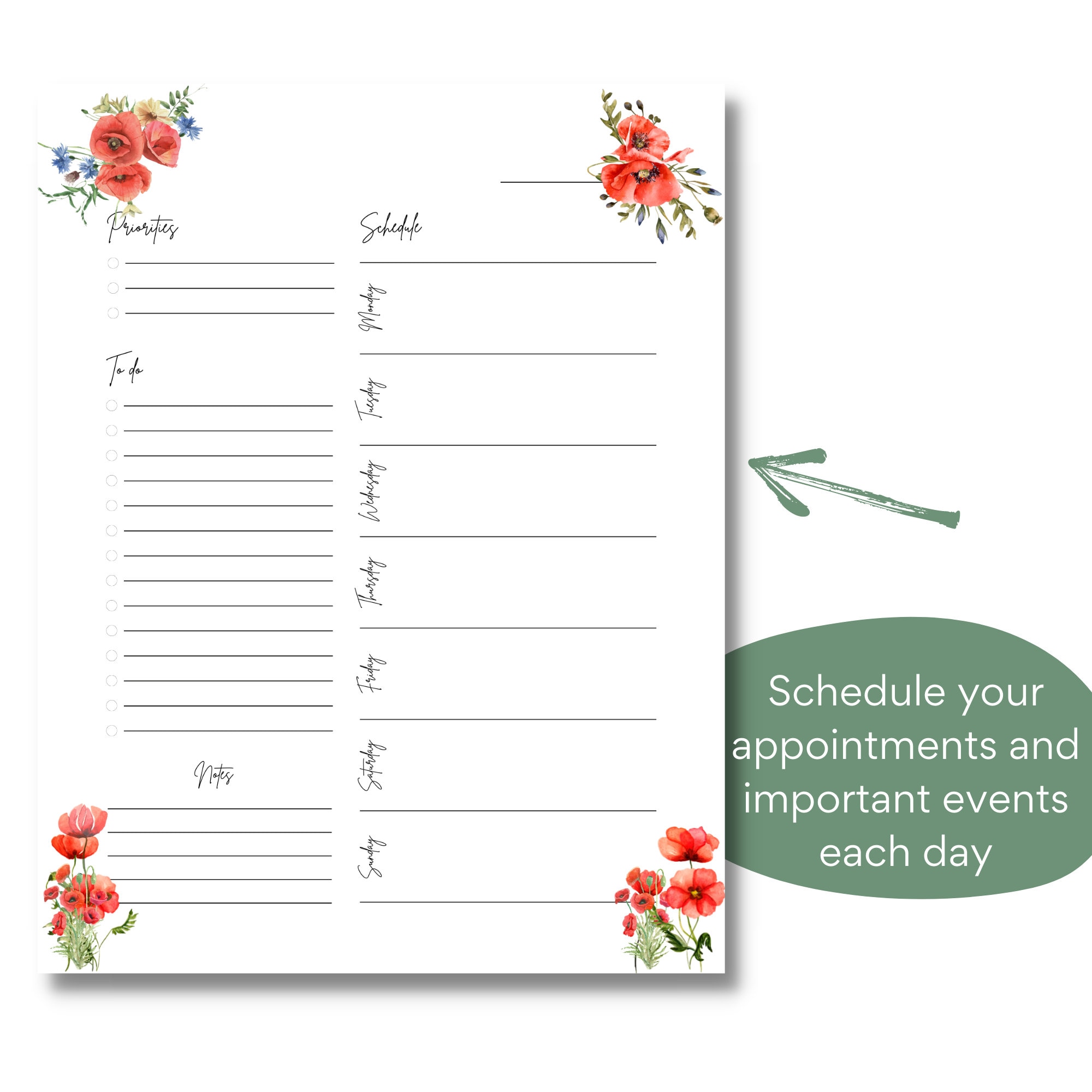 Weekly Printable Undated Planner Template Page Illustrated With Poppy ...