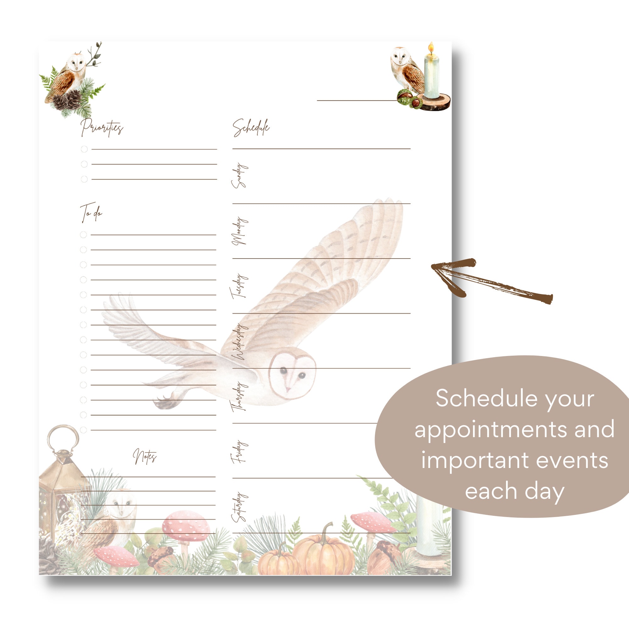 Weekly Printable Undated Planner Template Page Illustrated With Owls ...