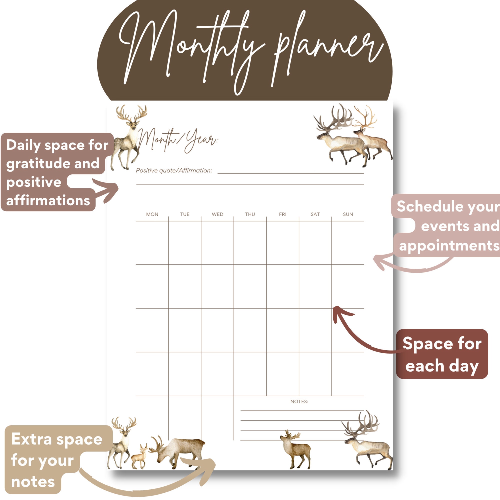 Monthly Printable Undated Planner Template Page Illustrated With a Deer ...