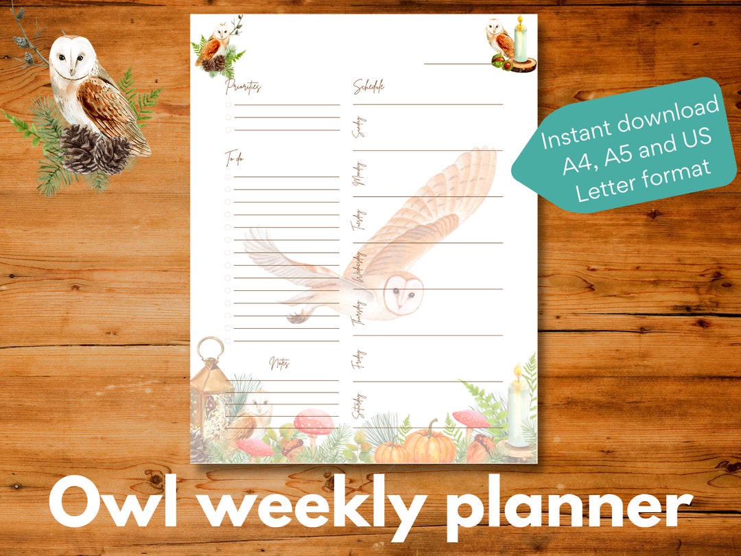 Weekly Printable Undated Planner Template Page Illustrated With Owls ...