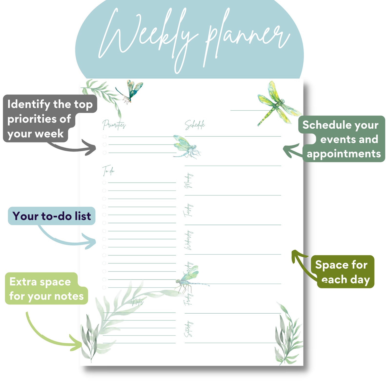 Printable Dragonfly Weekly Planner Template | Undated | Instant ...