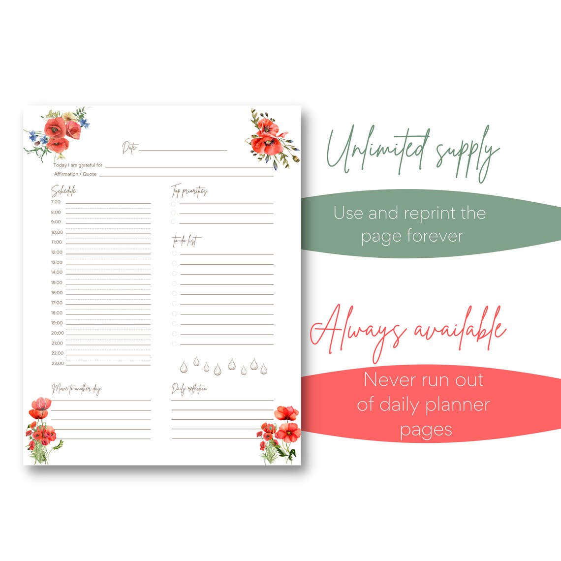 Daily Printable Undated Planner Template Page Illustrated With Poppy ...