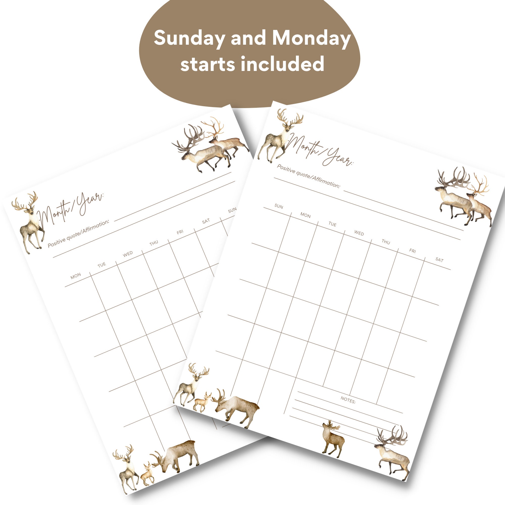 Monthly Printable Undated Planner Template Page Illustrated With a Deer ...