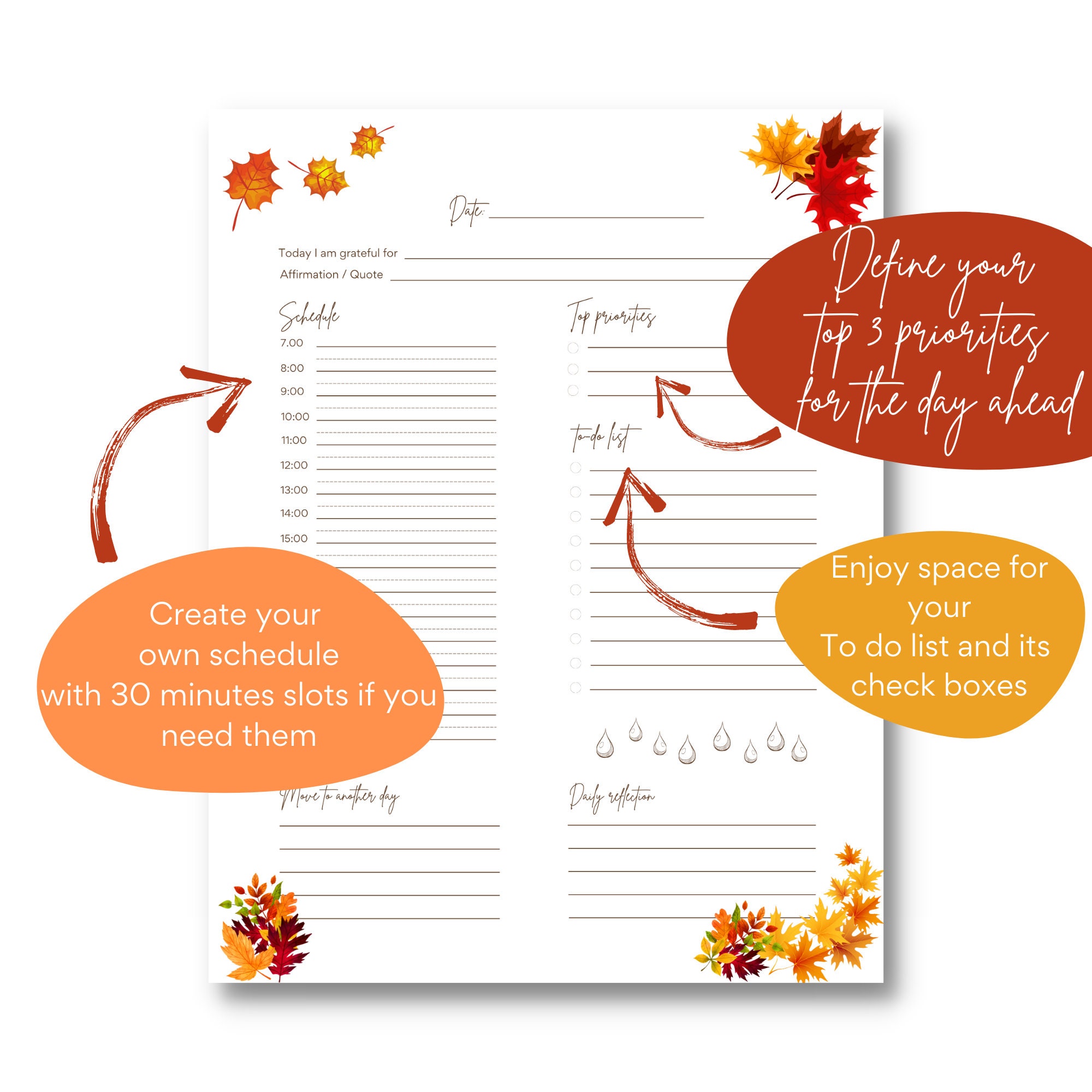 Daily Printable Undated Planner Template Page Illustrated With Autumn ...
