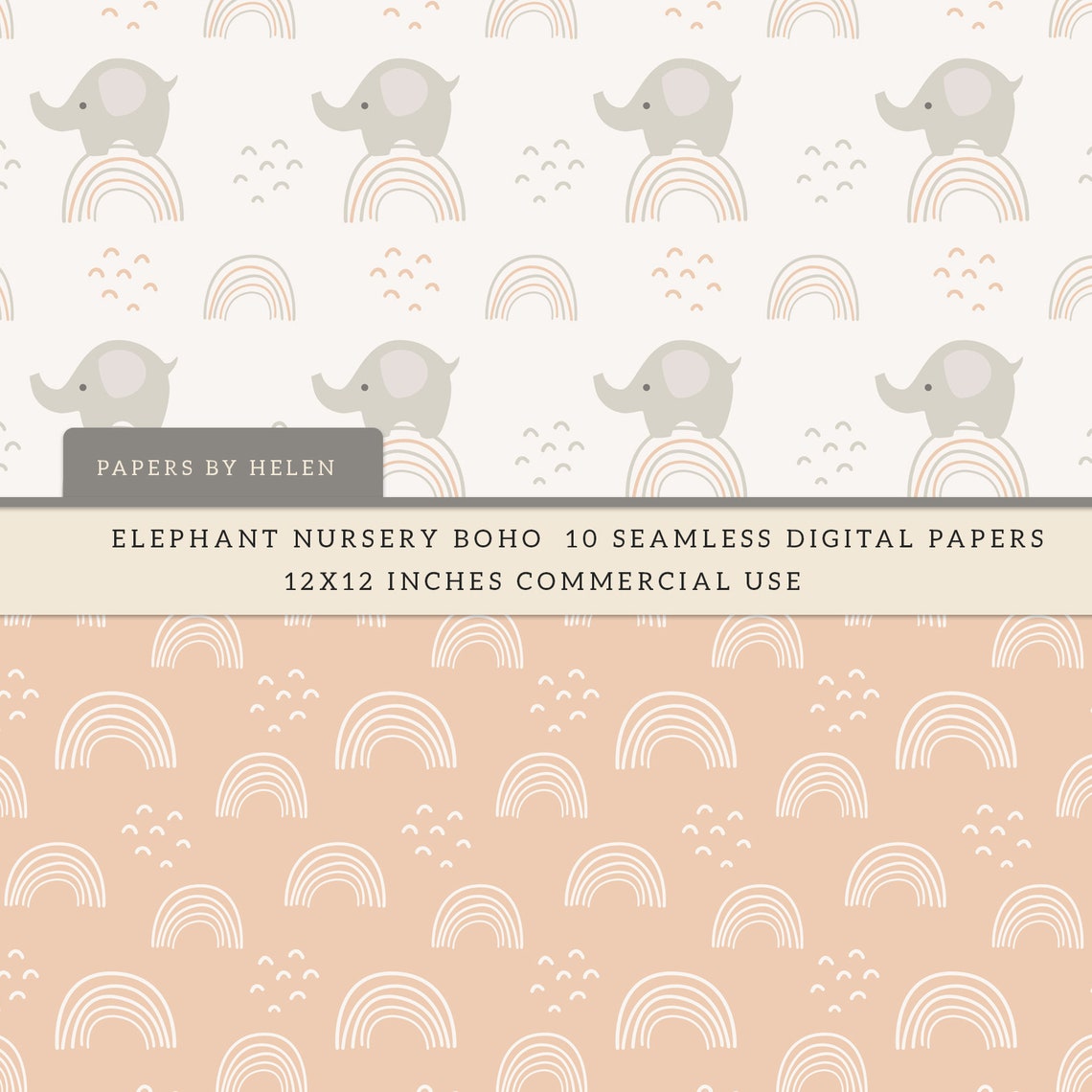 10 Boho Elephant Nursery Papers, Boho Scrapbook Paper, Boho Nursery ...