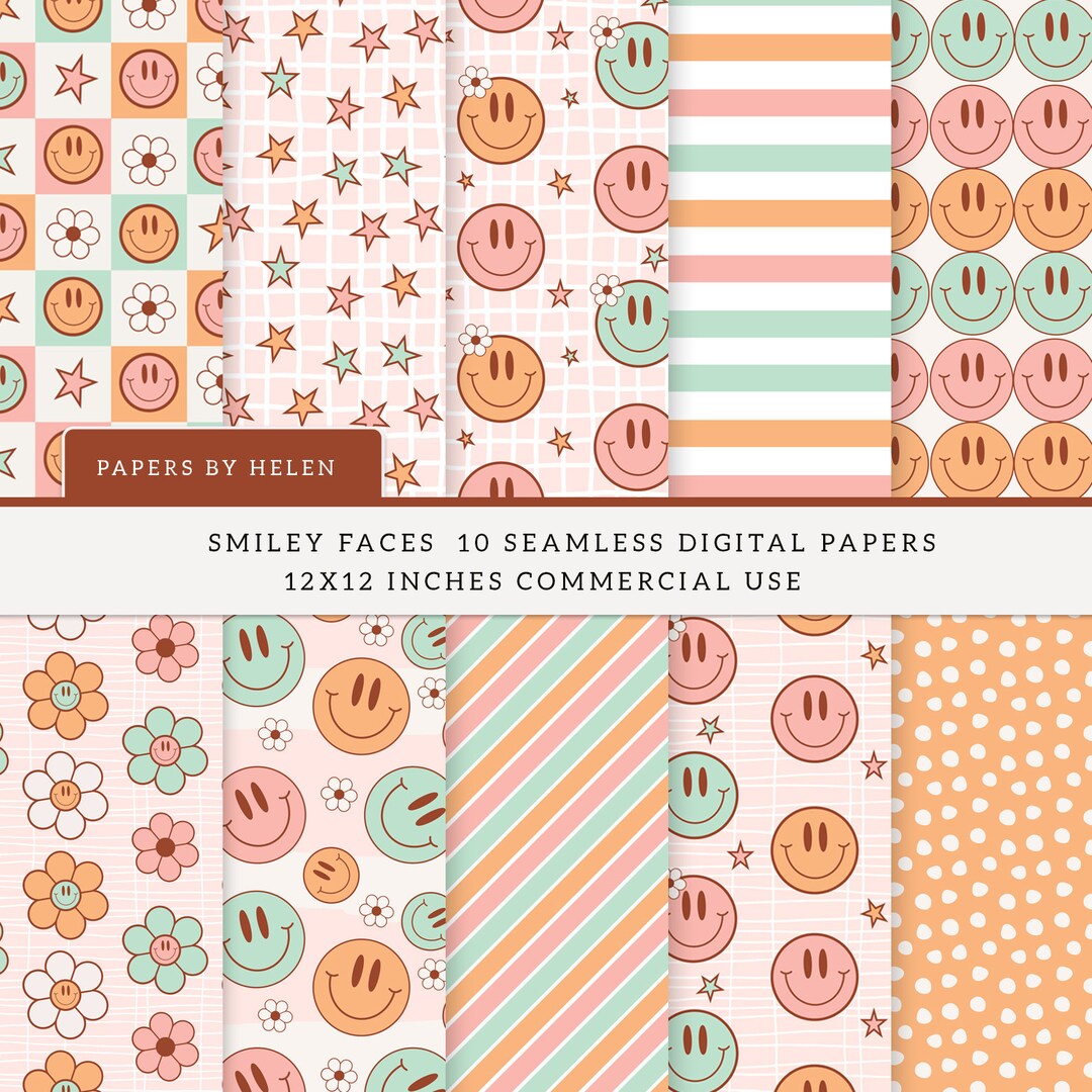 10 Seamless Digital Paper, Smiley Faces, Groovy Backgrounds, Commercial ...