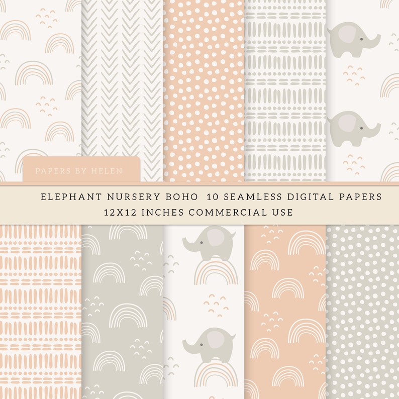 10 Boho Elephant Nursery Papers, Boho Scrapbook Paper, Boho Nursery ...