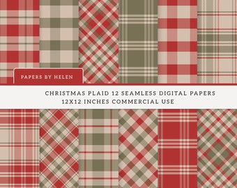 12 Christmas Plaid, Seamless Christmas Digital Papers, Christmas ...