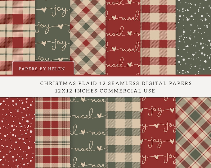 12 Christmas Plaid, Seamless Christmas Digital Papers, Christmas ...