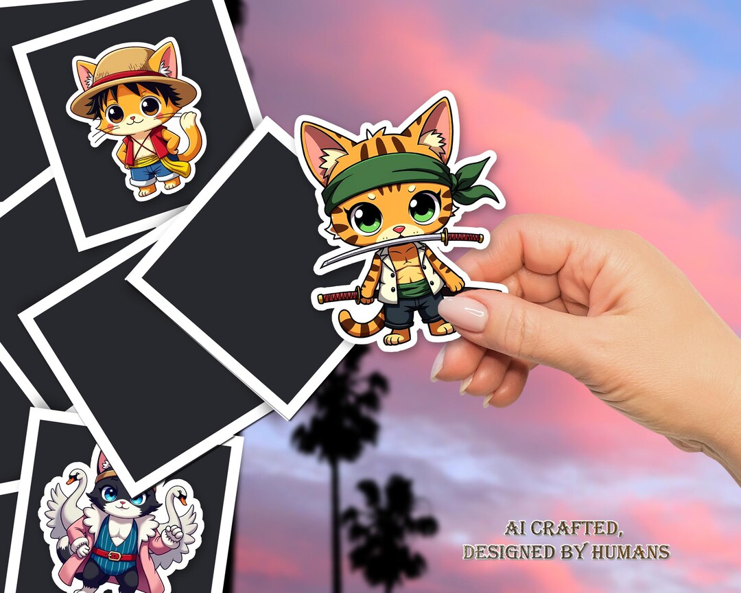 Green Swordsman Cat Sticker | Anime Kitty | Chibi Three Sword | Kawaii ...