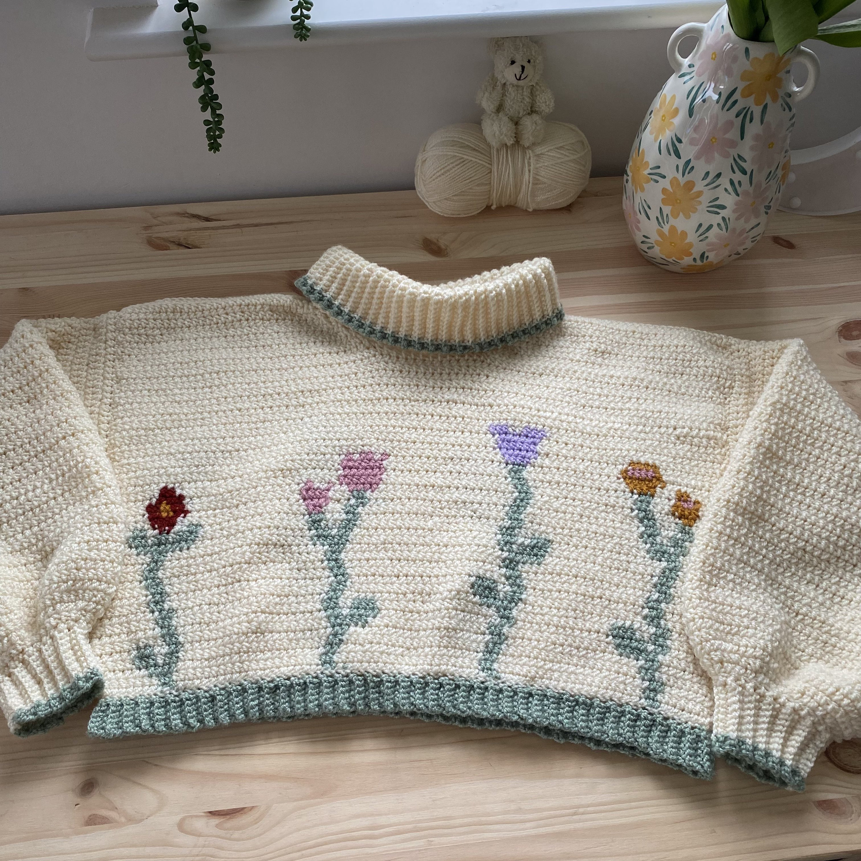 Crochet Sweater Pattern: Flower Meadow Jumper Crochet Pullover Turtleneck Cottagecore Floral ...