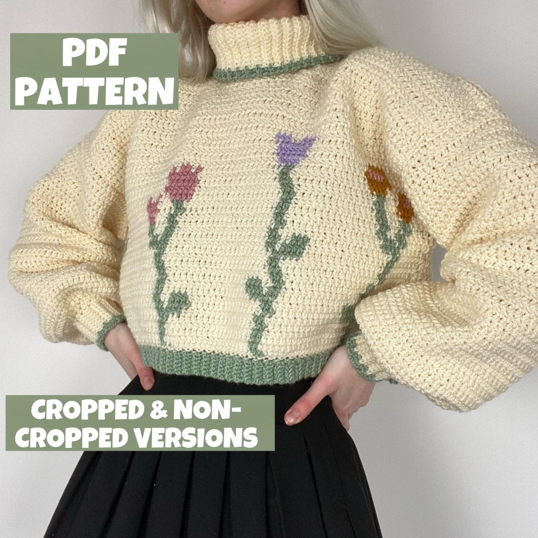 Crochet Sweater Pattern: Flower Meadow Jumper Crochet Pullover Turtleneck Cottagecore Floral ...