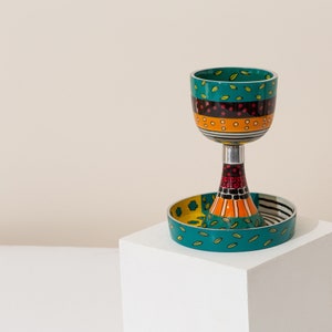 Hand-painted Kiddush Cup With Tray: Israeli Art Judaica Gift - Etsy