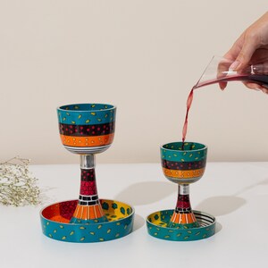 Hand-painted Kiddush Cup With Tray: Israeli Art Judaica Gift - Etsy