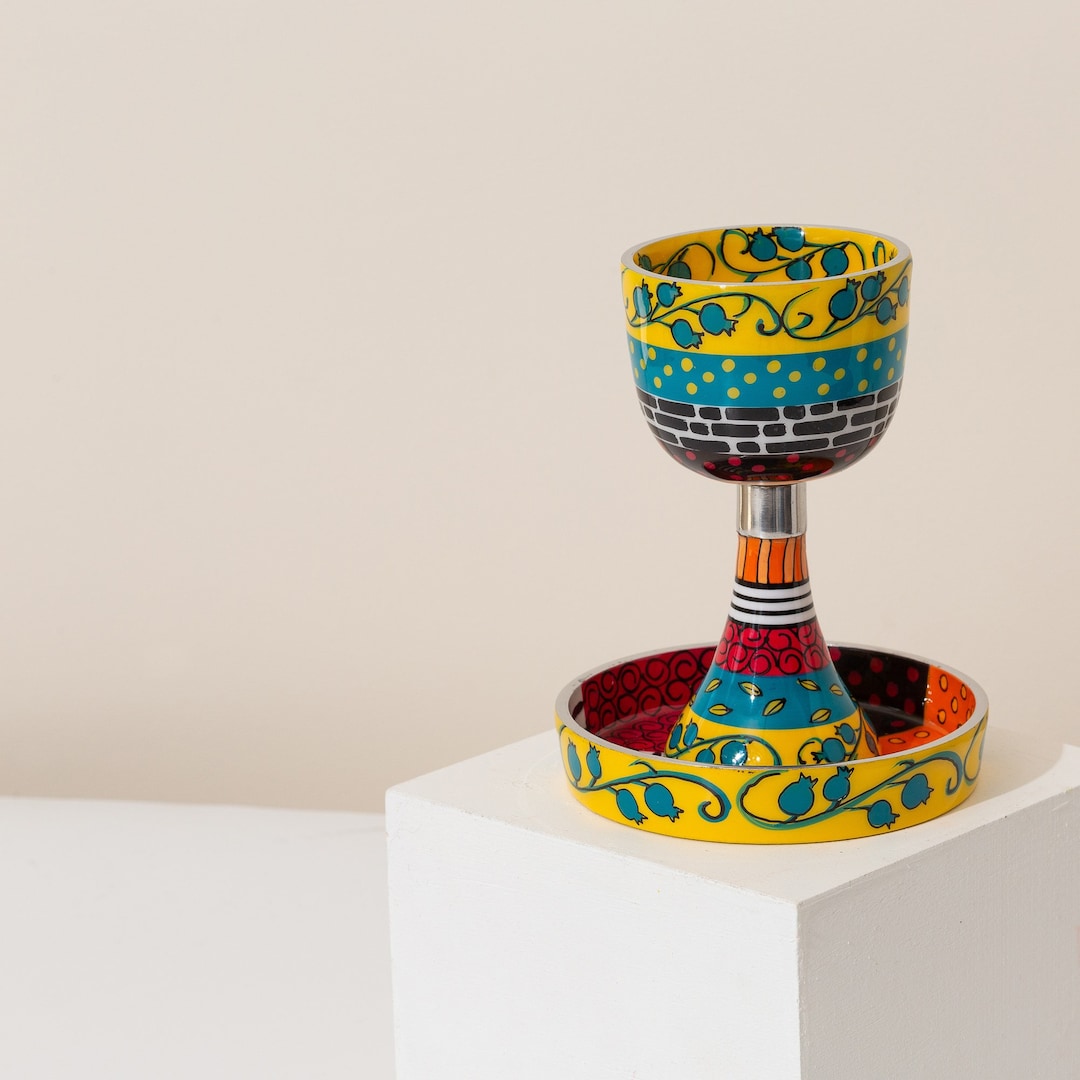 Hand-painted Kiddush Cup With Tray: Israeli Art Judaica Gift - Etsy