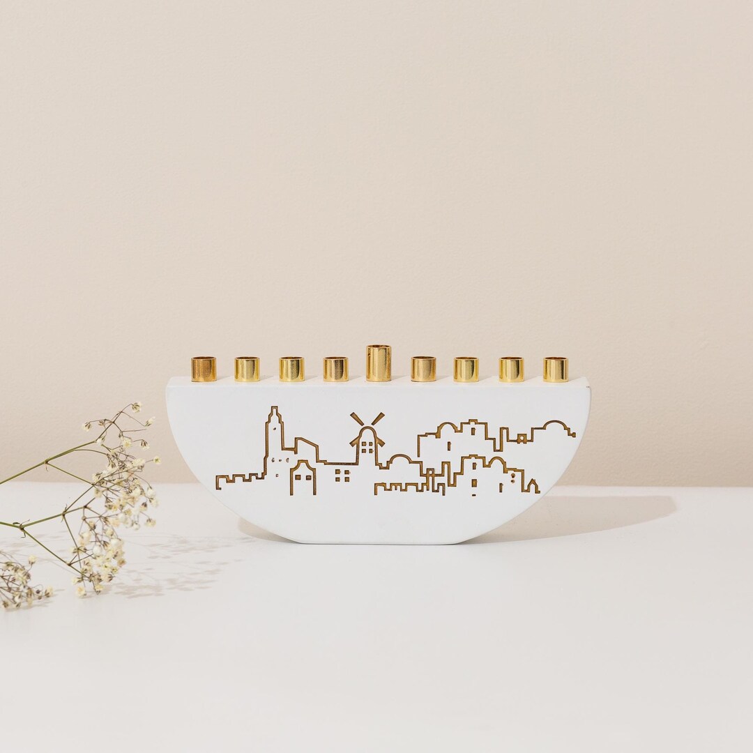 Handmade Concrete Menorah With Jerusalem Outline | 9 Branch Menorah for ...