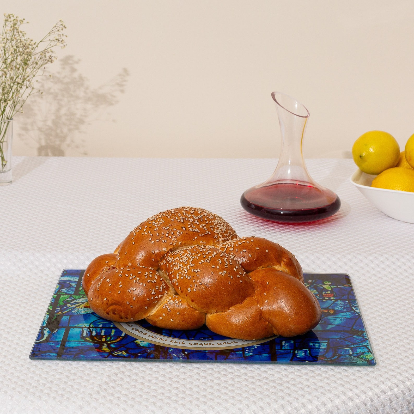 Marc Chagall Challah Board: Turquoise Blue Tempered Glass Shabbat Tray ...