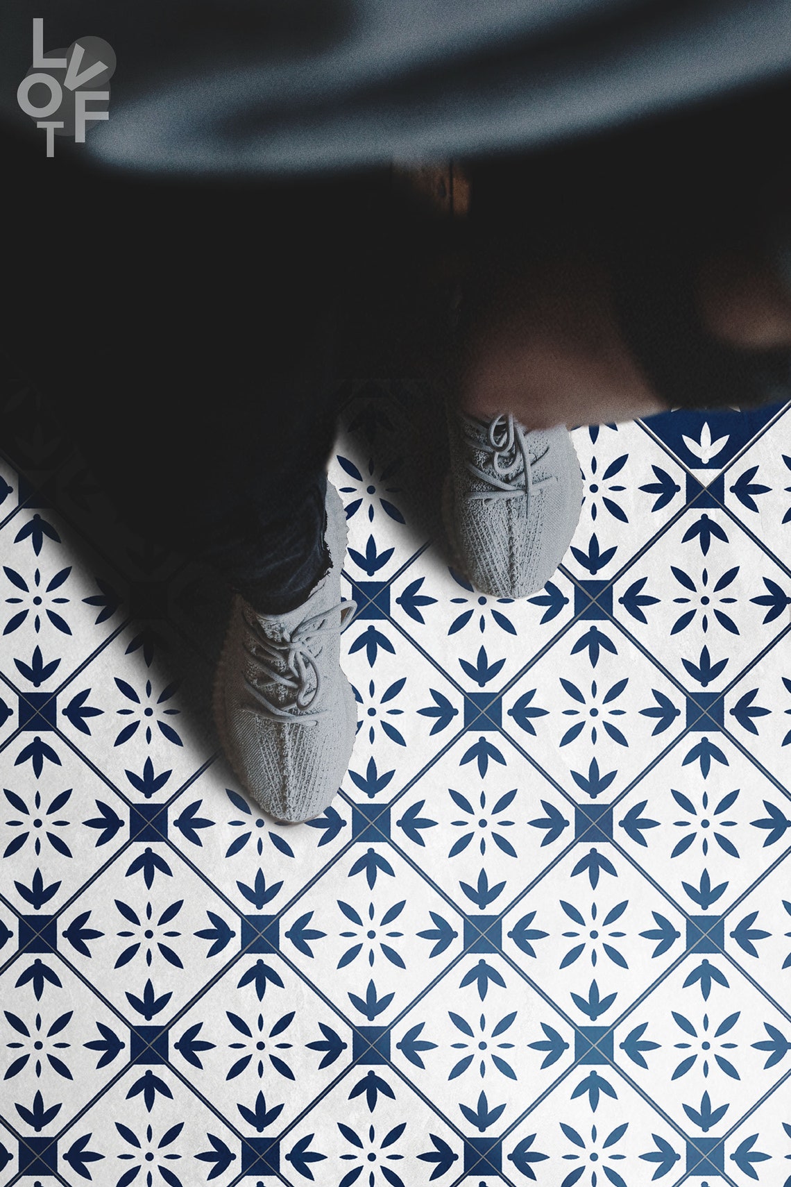 Spanish Floor Linoleum Rug, Navy Vinyl Floor Mat, White Vinyl Rug, Tile ...