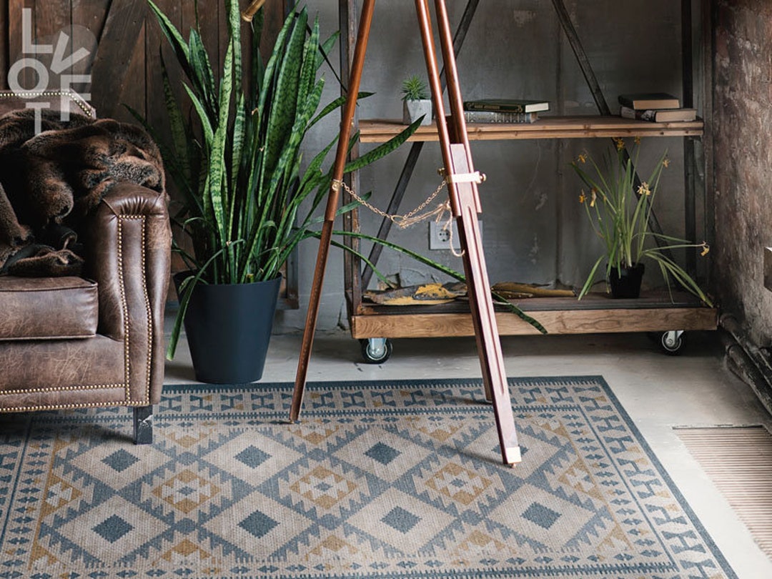 Day in Mexico Linoleum Rug, Blue Vinyl Rug, Beige Vinyl Mat, Mexico ...