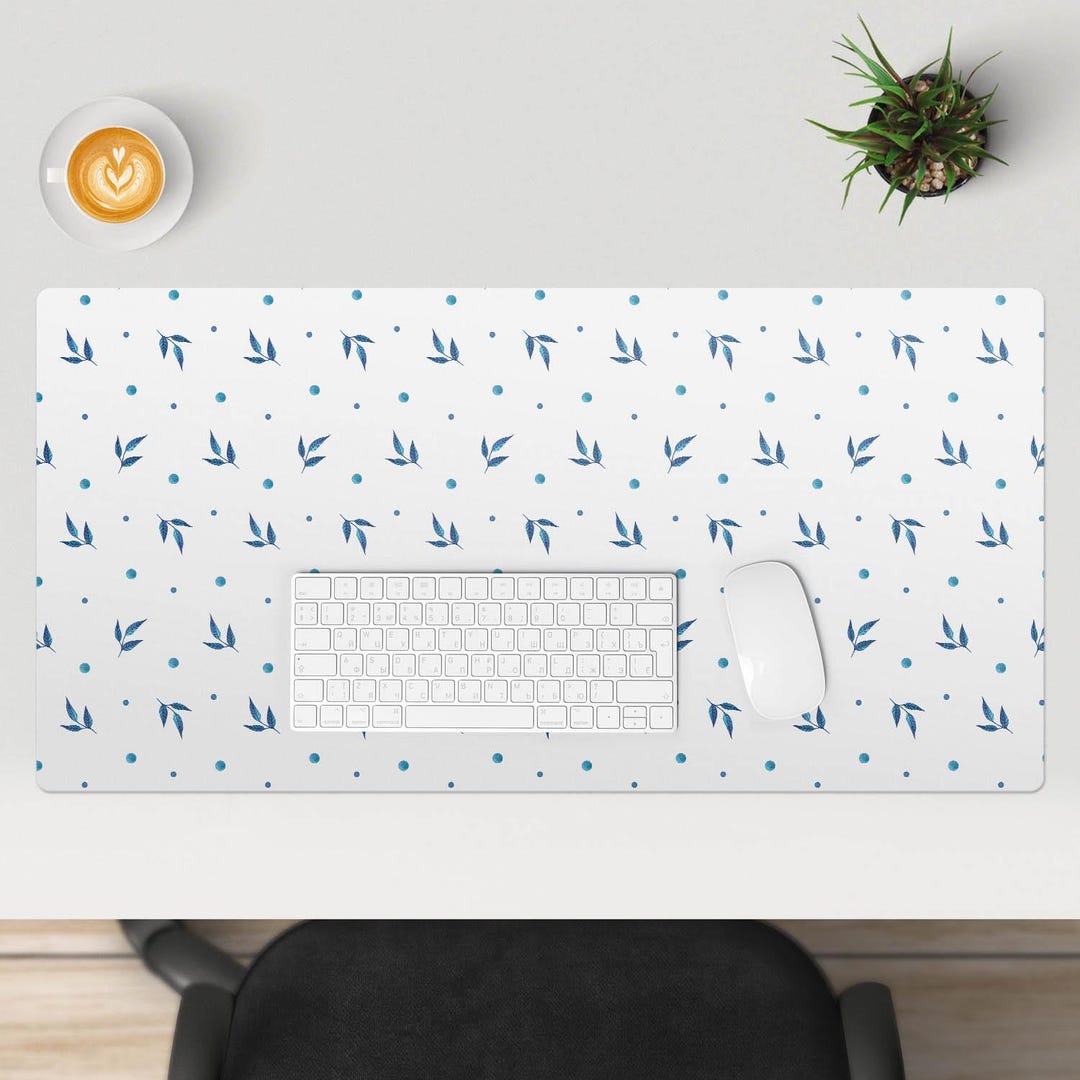 Leaves and Dots Desk Cover, White Desk Mat, Table Protector Pad ...