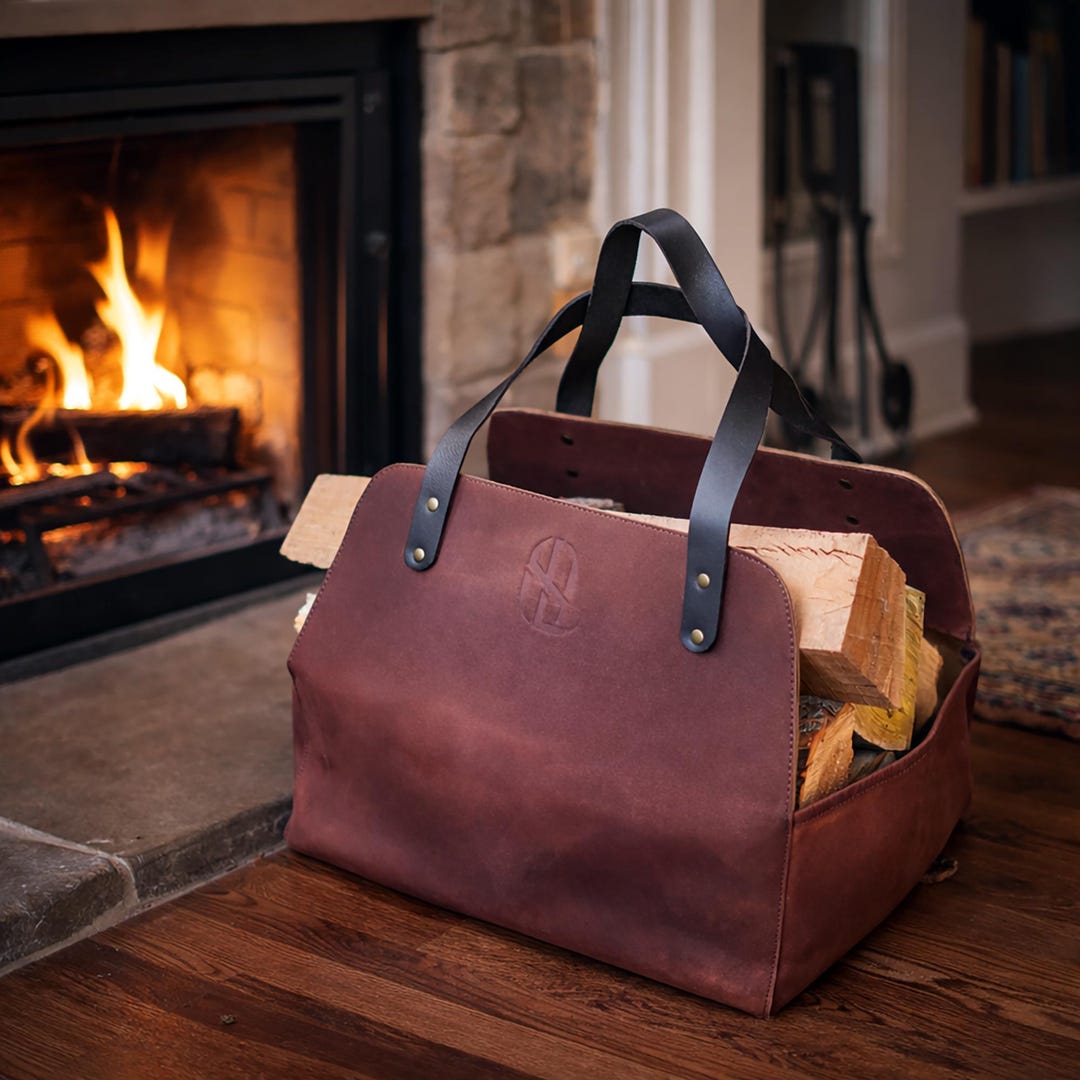 Personalized Leather Log Carrier: Rustic Fireplace Decor, Monogrammed ...