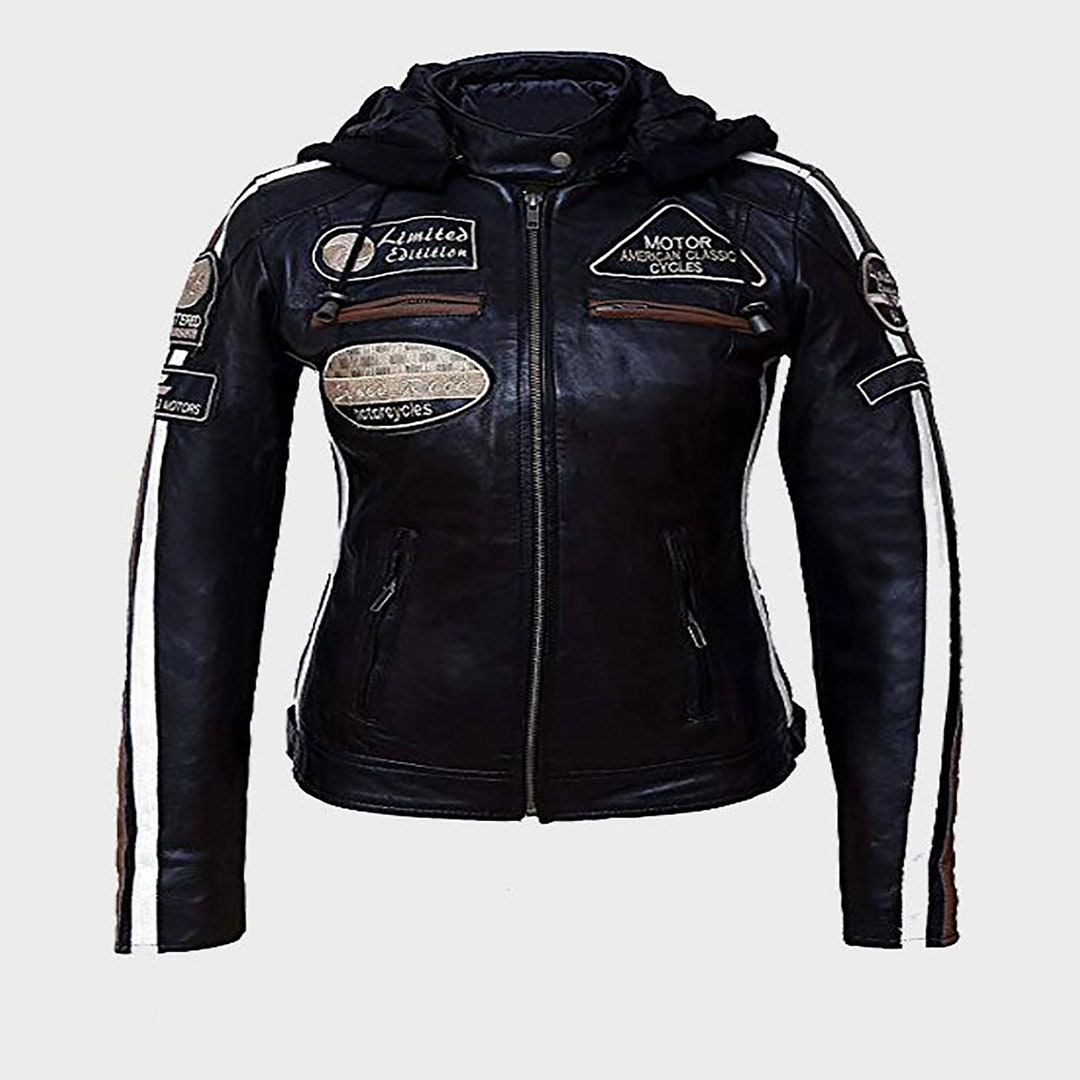 Women's Cowhide Leather Biker Jacket: Racing Style With Safety Pad ...
