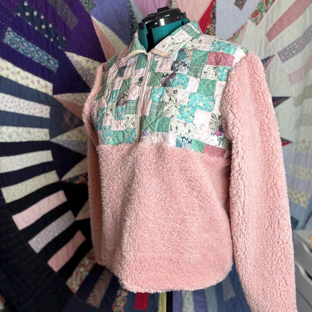 Handmade Patchwork Quilted Half-zip Pullover Sweatshirt Fleece Sherpa ...