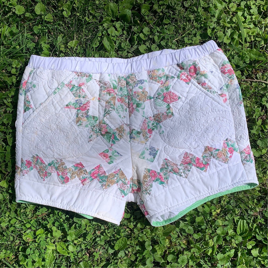 Vintage Upcycled Quilt Top Pocket Shorts Floral Doily Cottagecore - Etsy