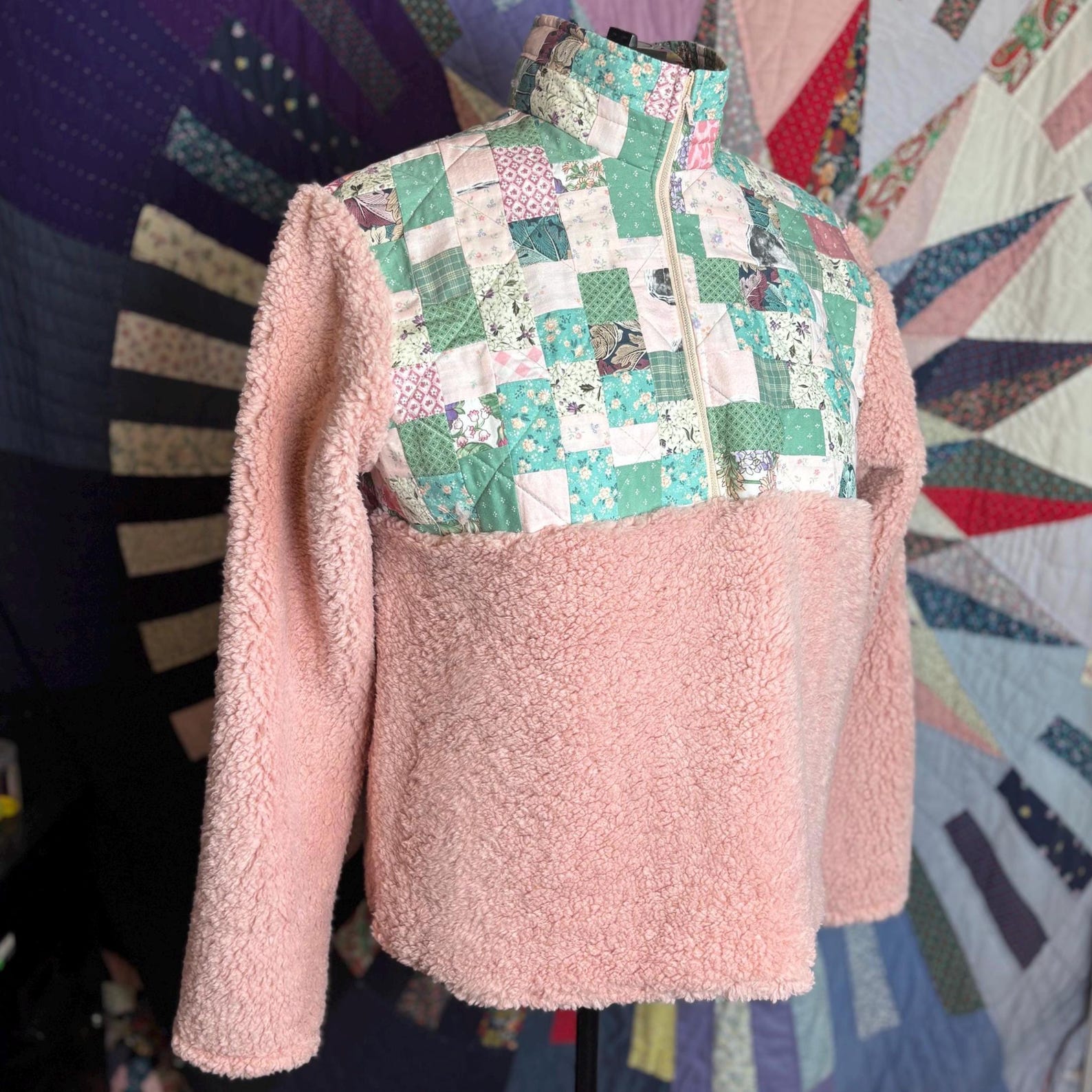 Handmade Patchwork Quilted Half-zip Pullover Sweatshirt Fleece Sherpa ...