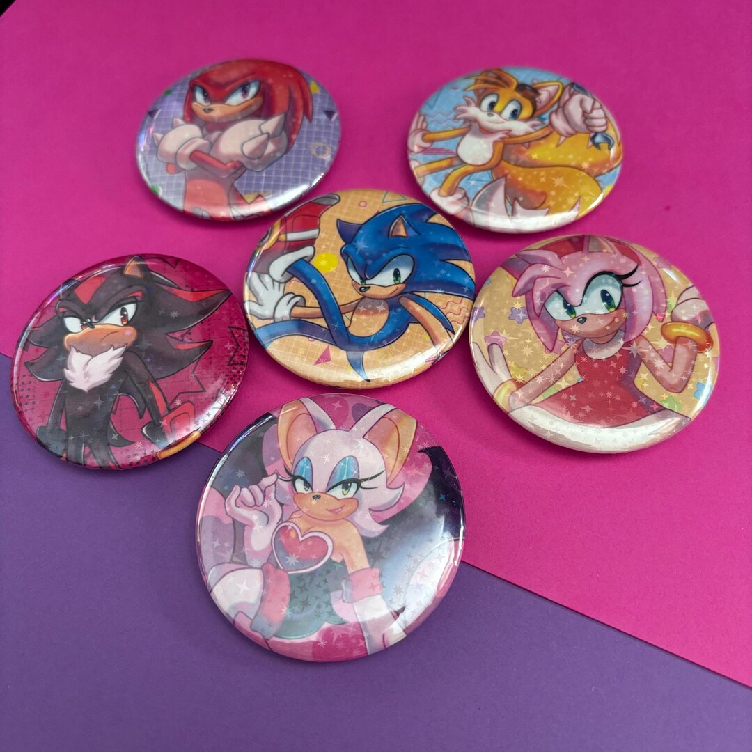 Sonic Character Button Badges Holographic, Handmade 2.28" (58mm ...