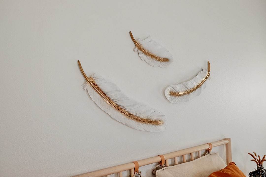 Large Gold 3D Feather Angel Wings Wall Decor Over Bed - Boho Wall ...