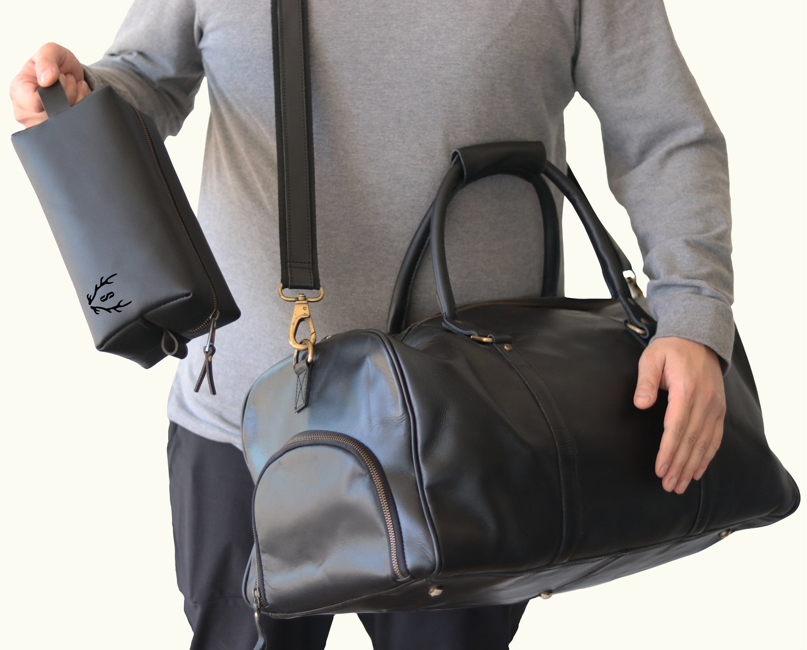 Leather Duffle Bag & Dopp Kit Set: Personalized Travel Bag With Shoe ...