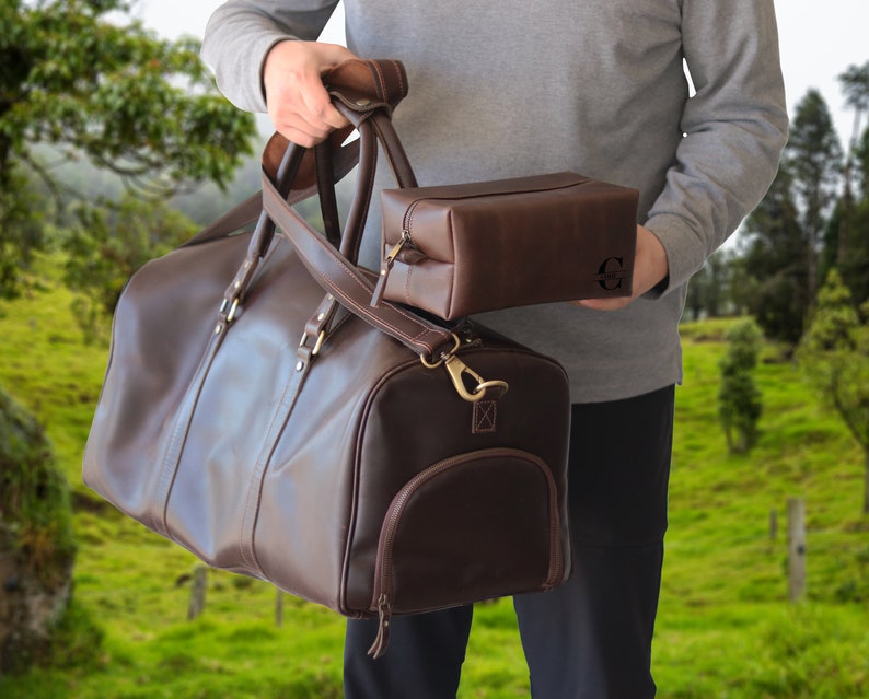 Leather Duffle Bag & Dopp Kit Set: Personalized Travel Bag With Shoe ...