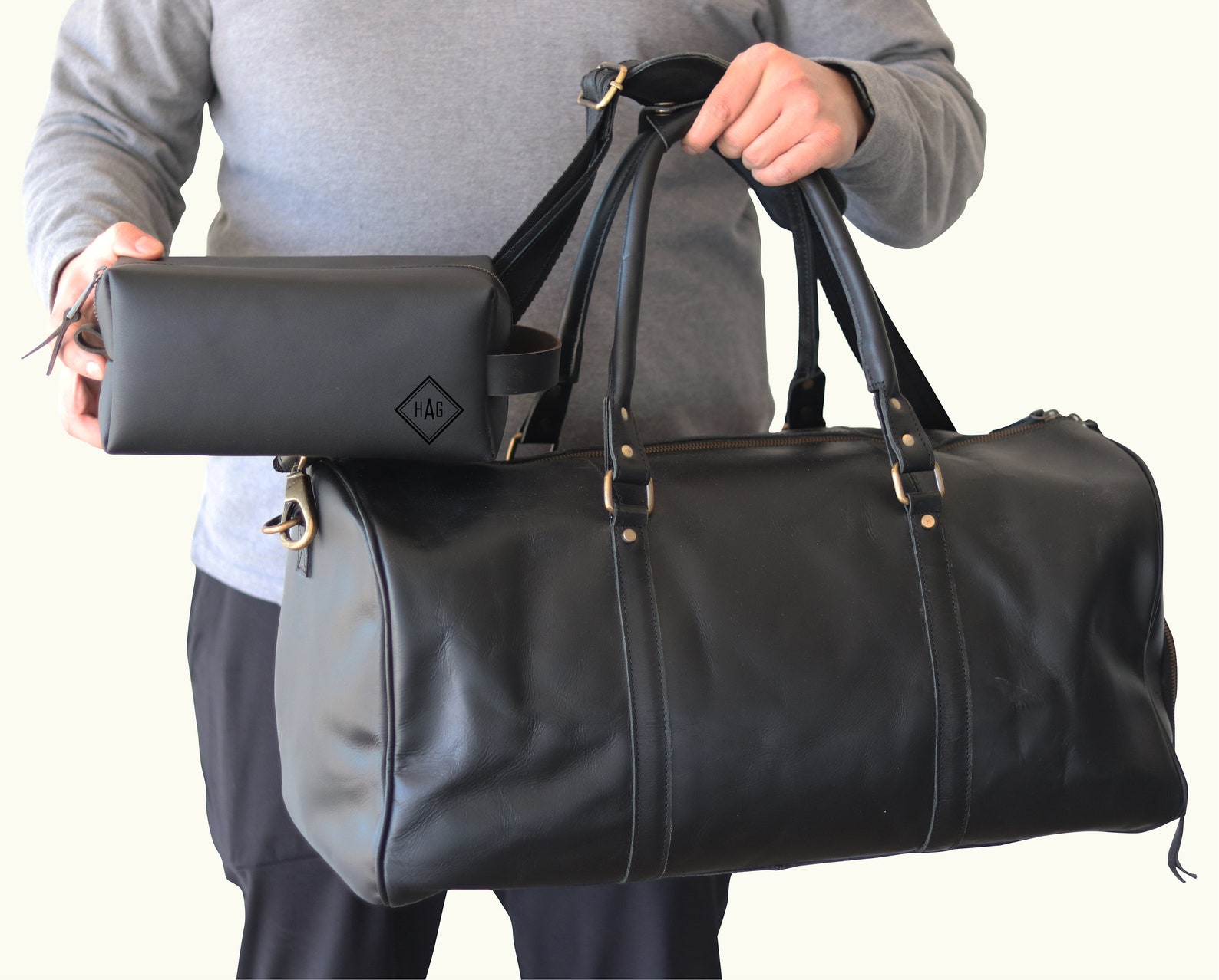 Leather Duffle Bag & Dopp Kit Set: Personalized Travel Bag With Shoe ...