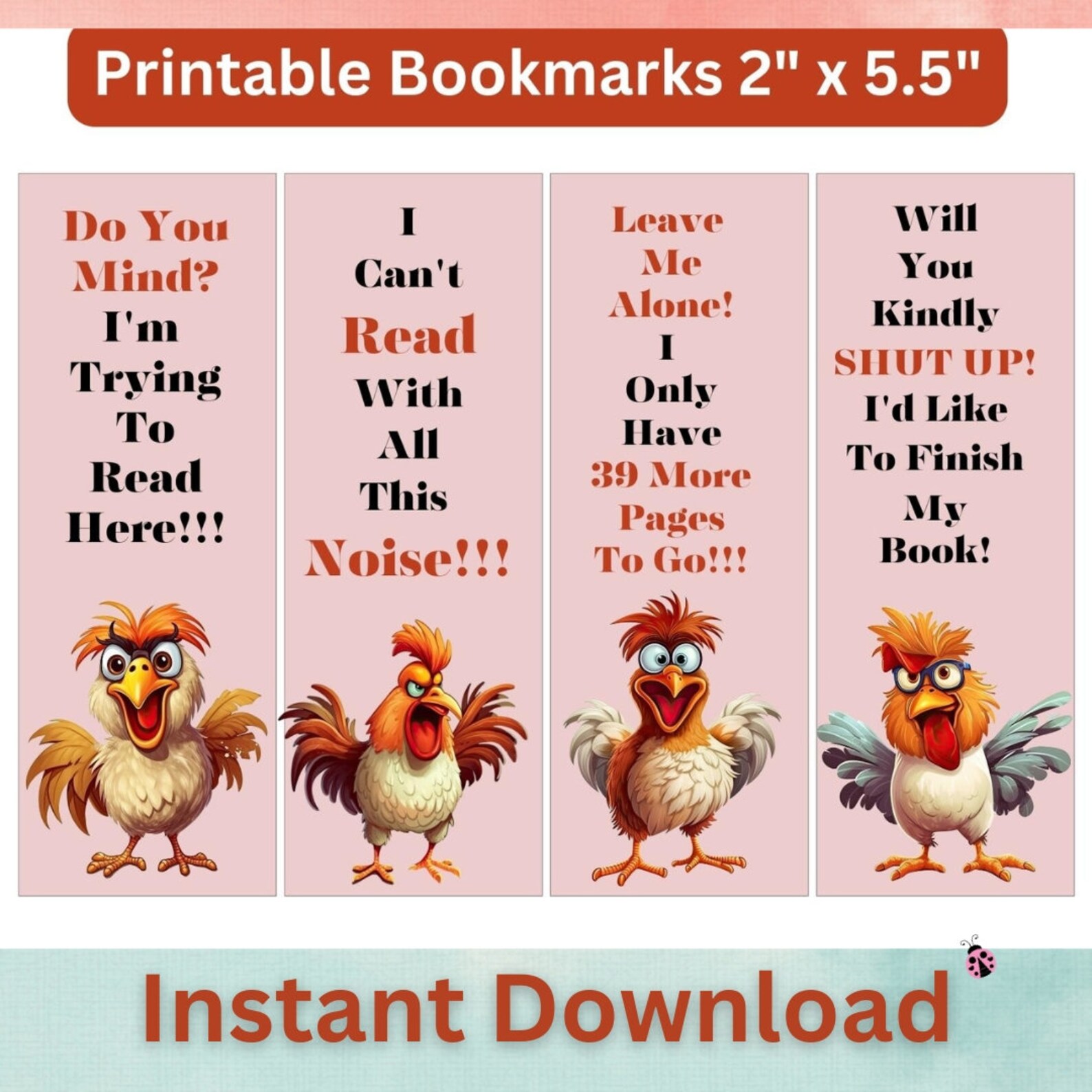 Printable Bookmarks~cute Printable Bookmarks~4 Crazy Chicken Bookmarks to Instantly Download ...