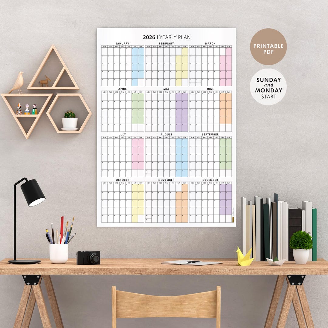 2026 Yearly Wall Calendar Printable | Pastel Monthly Grid Wall Planner ...