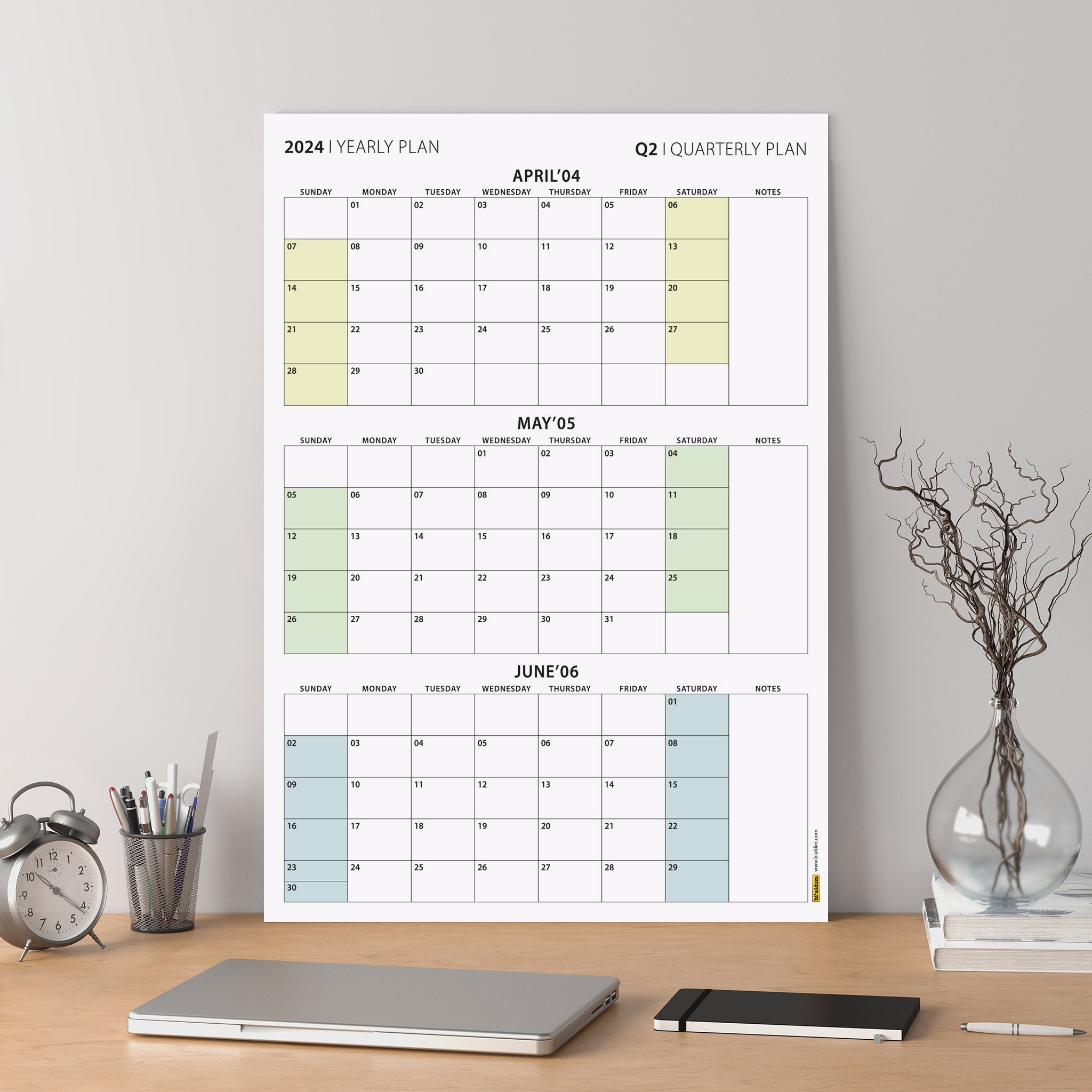 Printable Q2 2024 Quarterly Wall Calendar, April June, SUNDAY Start ...