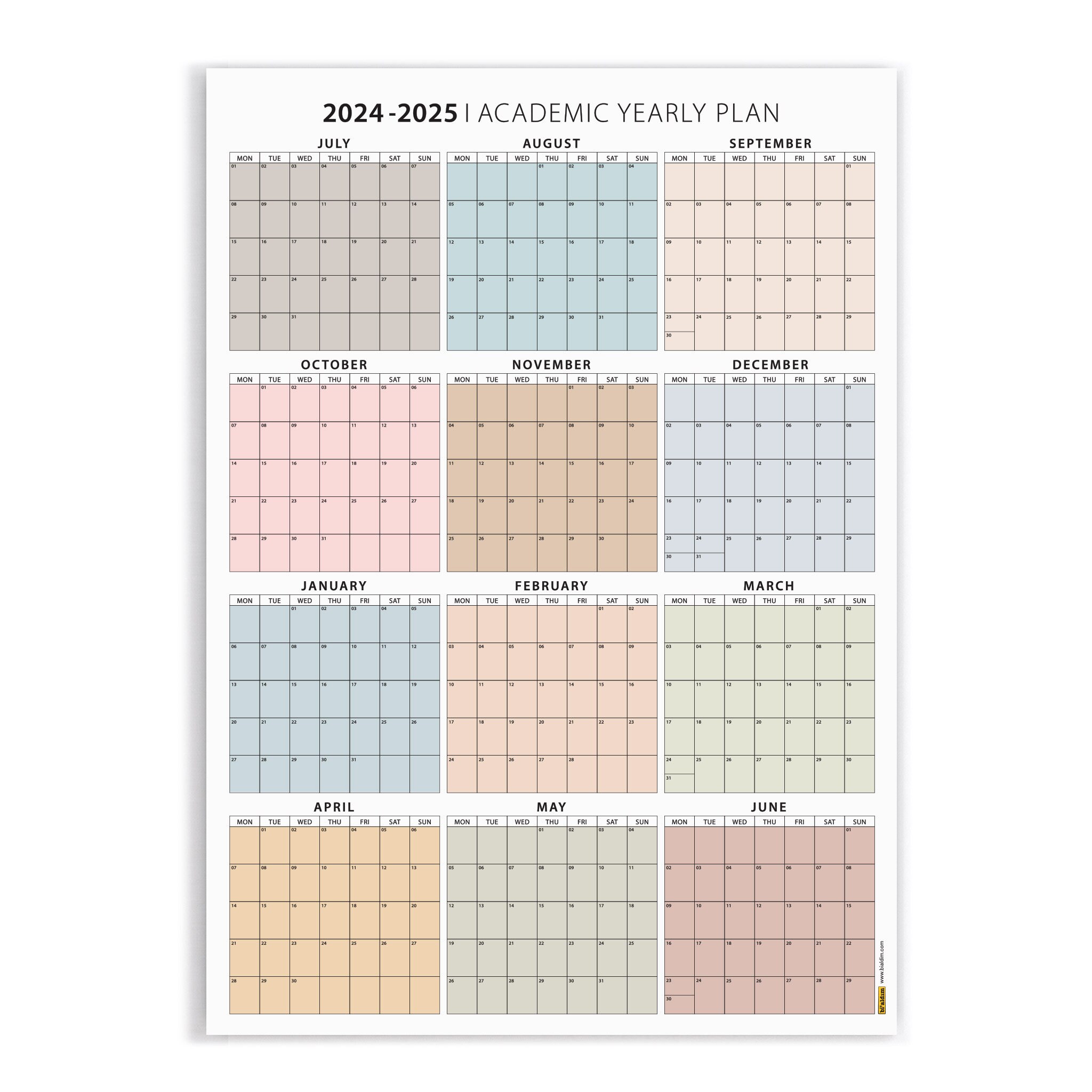 PRINTABLE 2024 2025 JULY Start Academic Wall Calendar, Mid-year ...
