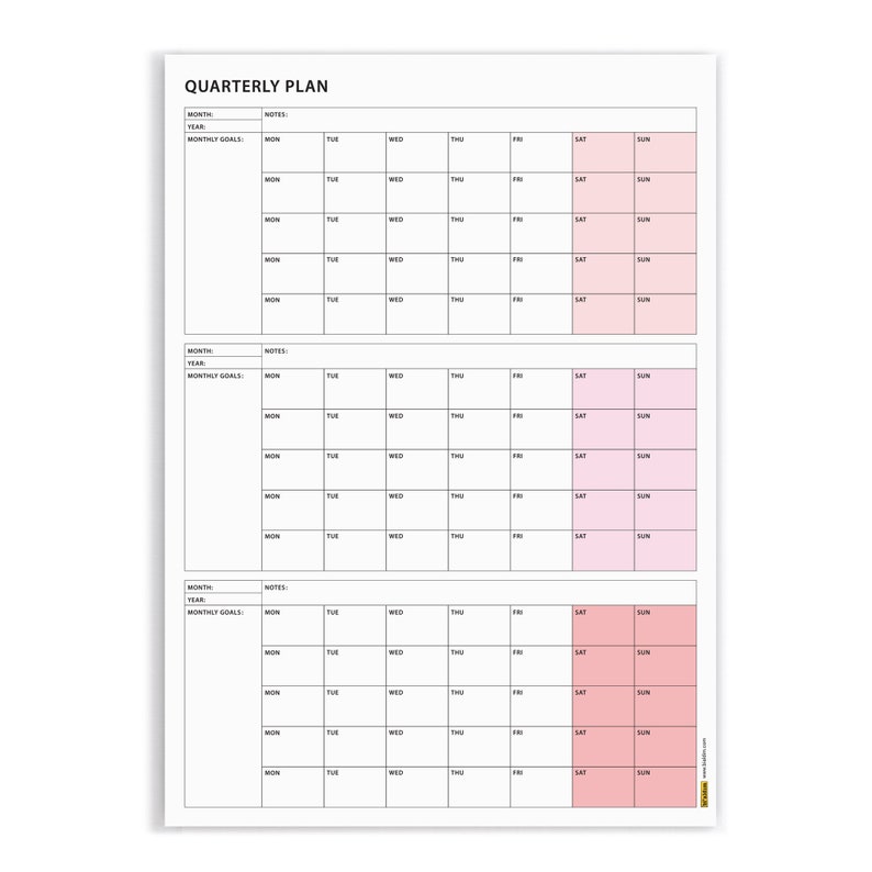 PRINTABLE Undated Quarterly Wall Calendar, MONDAY Start, Quarterly ...