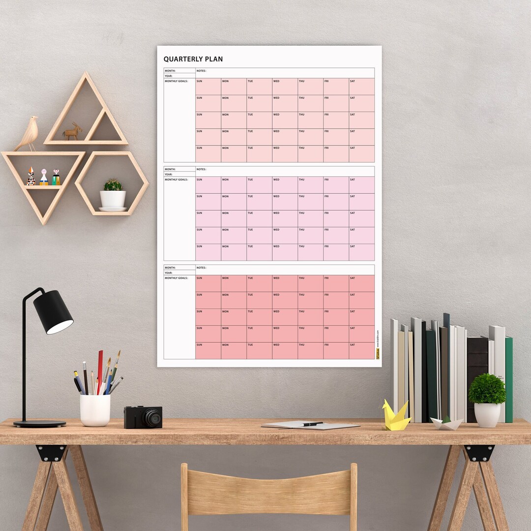 Boho Pink Tone Quarterly Wall Calendar, Undated Planner (digital PDF ...