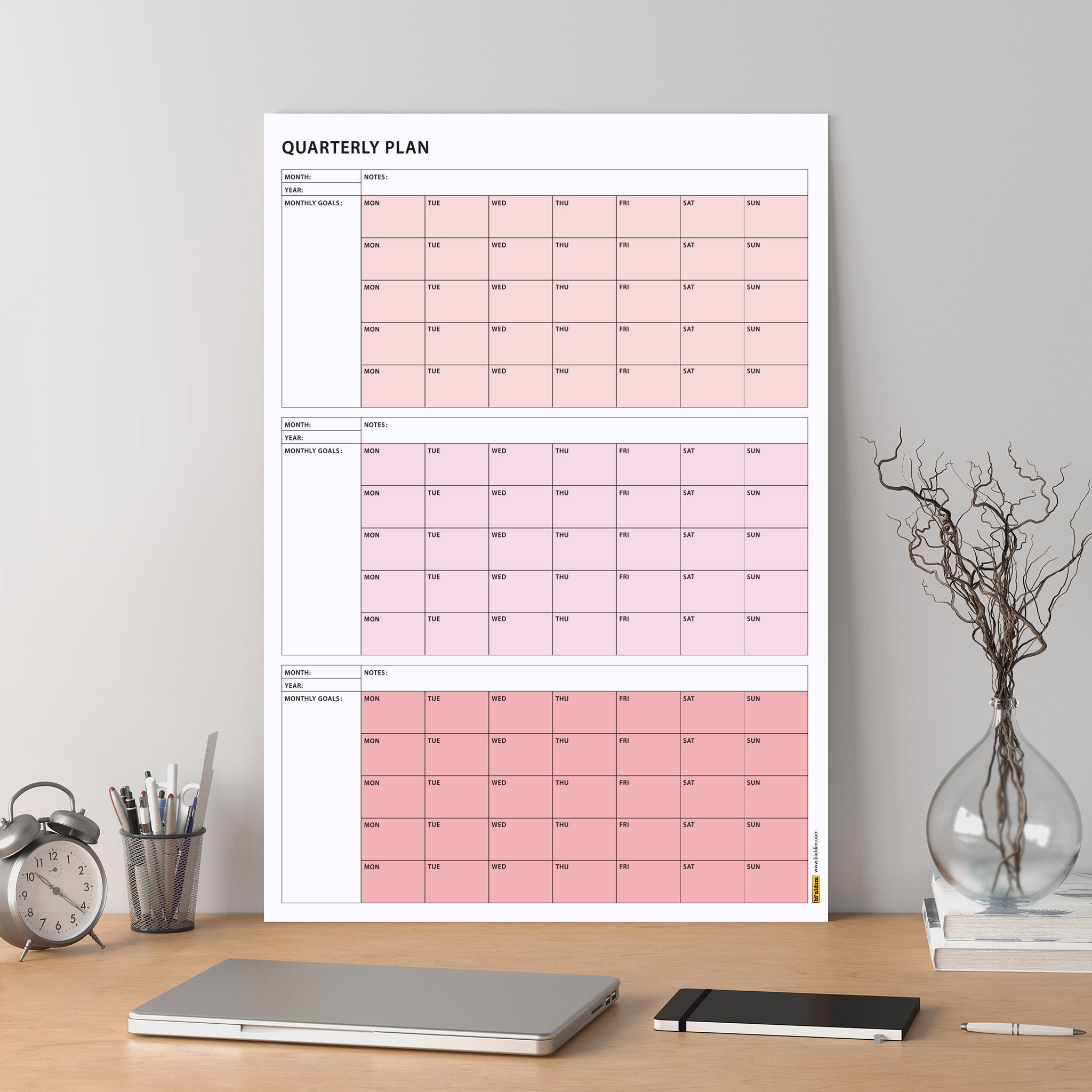 Boho Pink Tone Quarterly Wall Calendar, Undated Planner (digital PDF ...