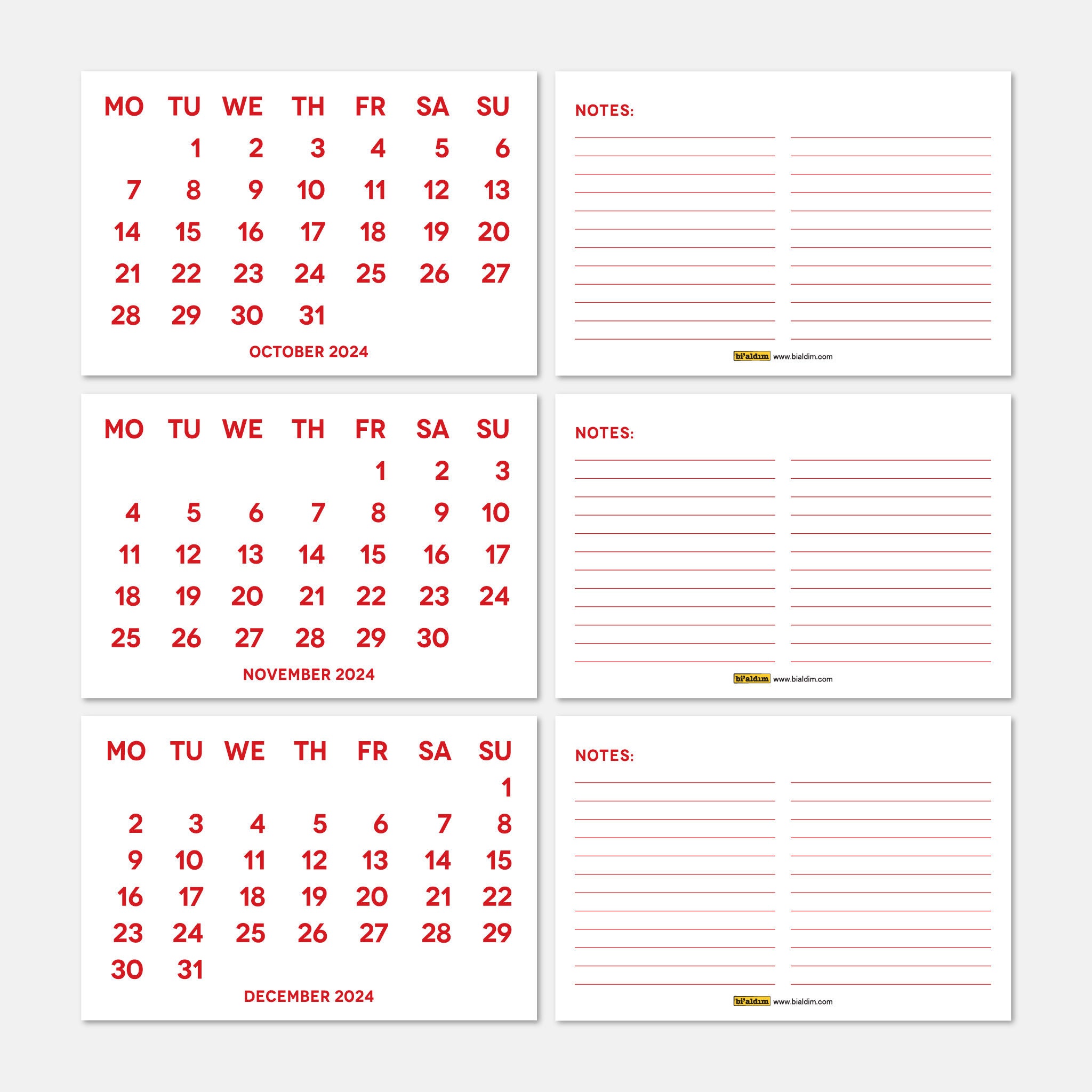 2024 Calendar 2024 Desk Calendar Red Color MONDAY or SUNDAY - Etsy