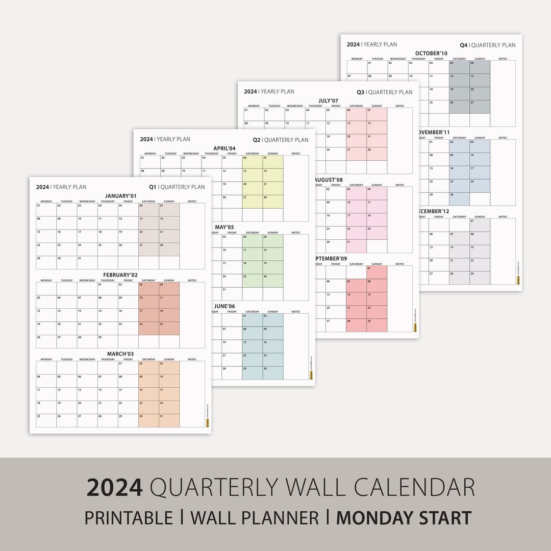 PRINTABLE 2024 Quarterly Wall Calendar Set, 90 Day Planning, Quarterly ...