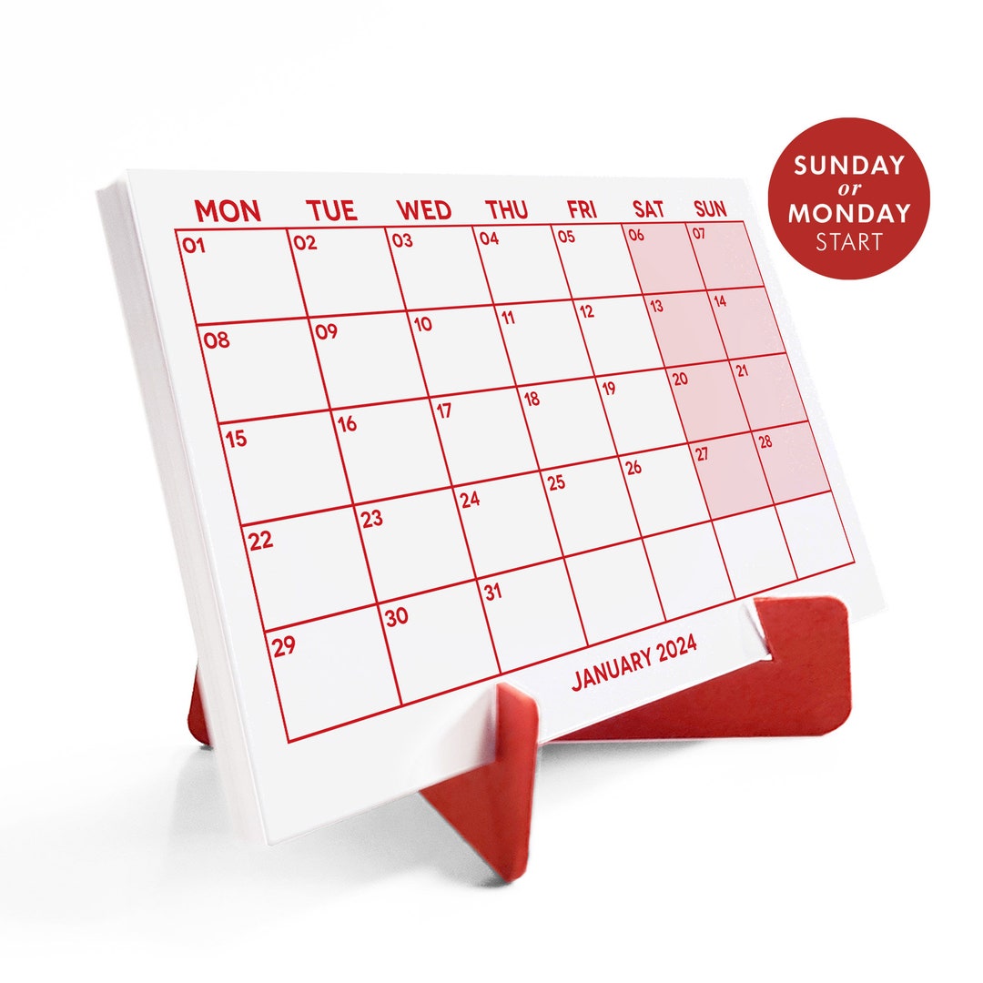 2026 Minimalist Desk Calendar: Red Monthly Planner, Monday/sunday Start ...