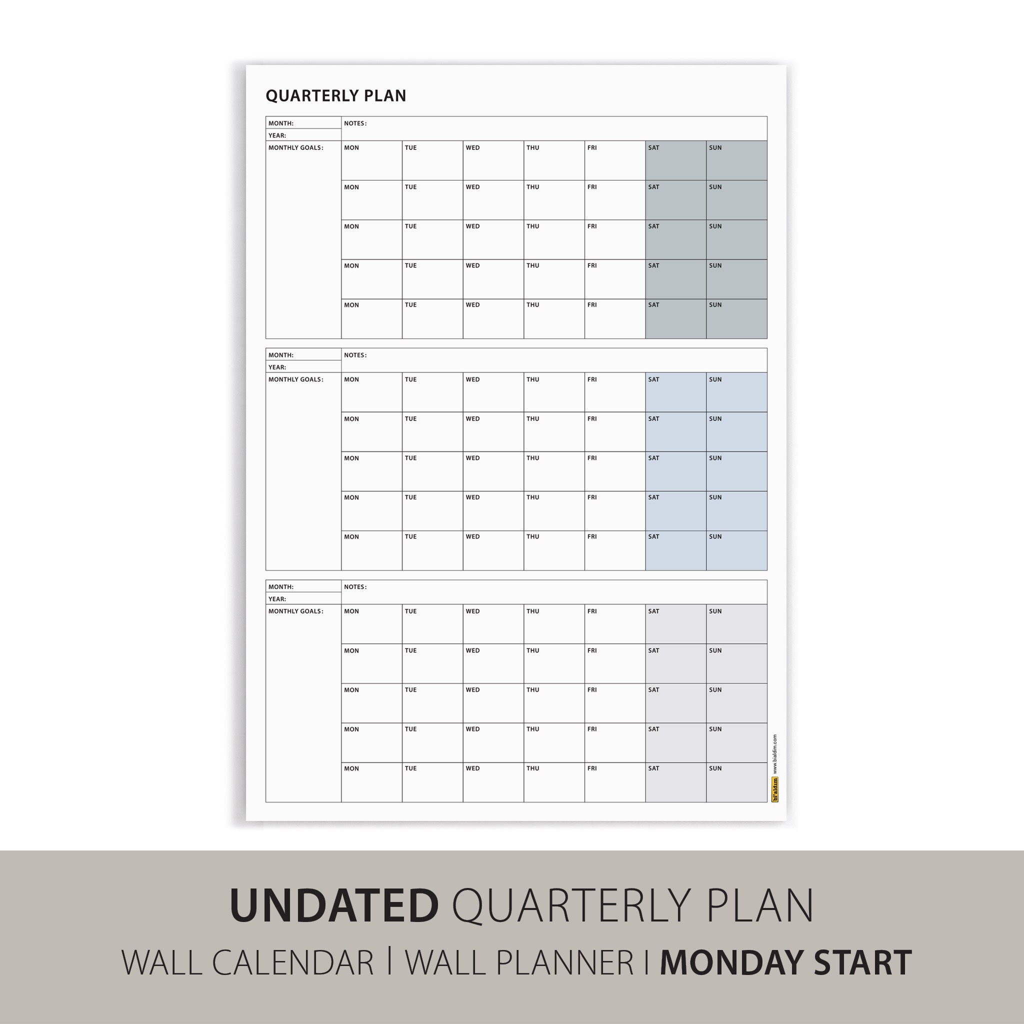 PRINTABLE Undated Quarterly Wall Calendar, MONDAY Start, Quarterly ...