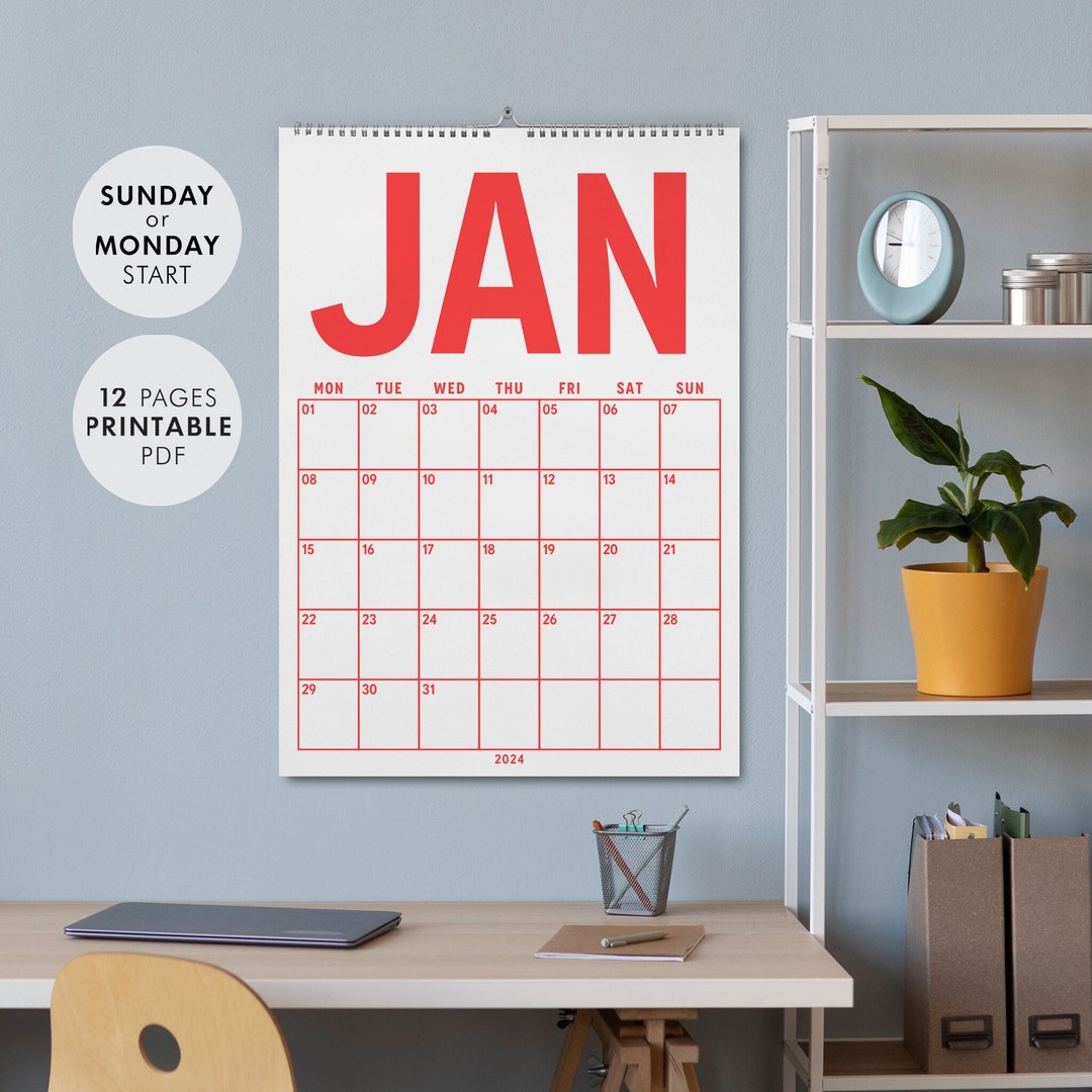 Printable Calendar 2024 Monthly Planner A4, A3 Size Portrait Monday ...