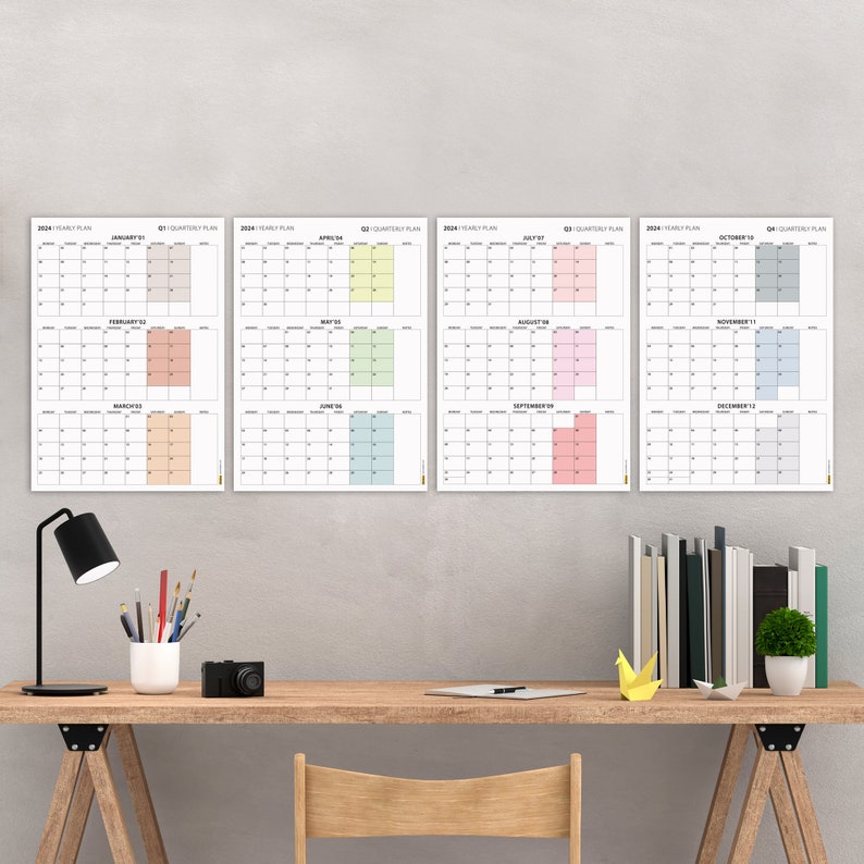 PRINTABLE 2024 Quarterly Wall Calendar Set, 90 Day Planning, Quarterly ...